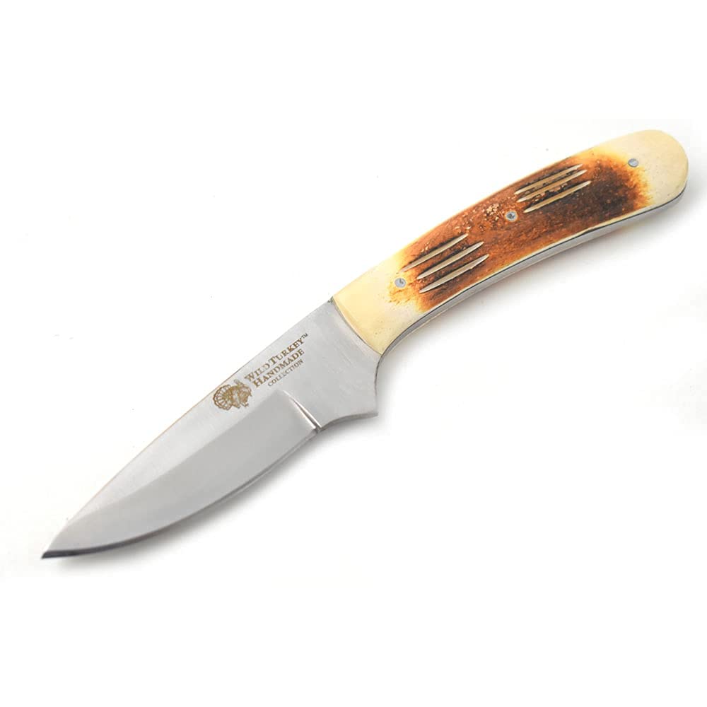 Wild Turkey Handmade Collection Heavy Duty Hunting Knife | Stainless Steel Blade | Genuine Leather Sheath Included (Burn Bone)