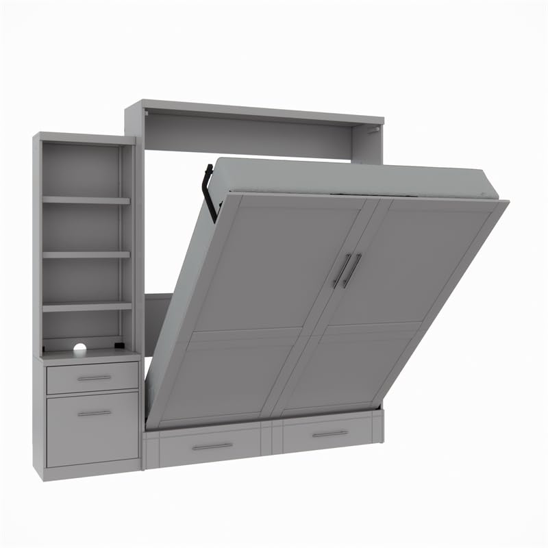 RoomAndLoft Brentwood Queen Contemporary Solid Wood Murphy Wall Bed and Shelf Storage with Drawers in Gray
