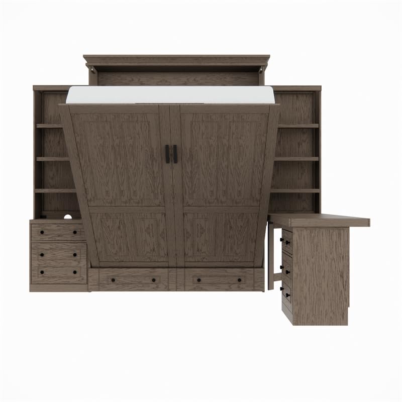 RoomAndLoft Windsor Queen Solid Wood Murphy Wall Bed and Two Shelf Storage Units with Single Side Desk and Drawers in Gray