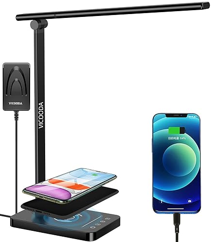 VICOODA LED Desk Lamp, Desk Lamp with Wireless Charger, USB Charging Port, Eye-Caring Table Lamp, 5 Color Modes & 7-Level Brightness, Touch Desk Light with Timer, Desk Lamps for Home Offic (Black)
