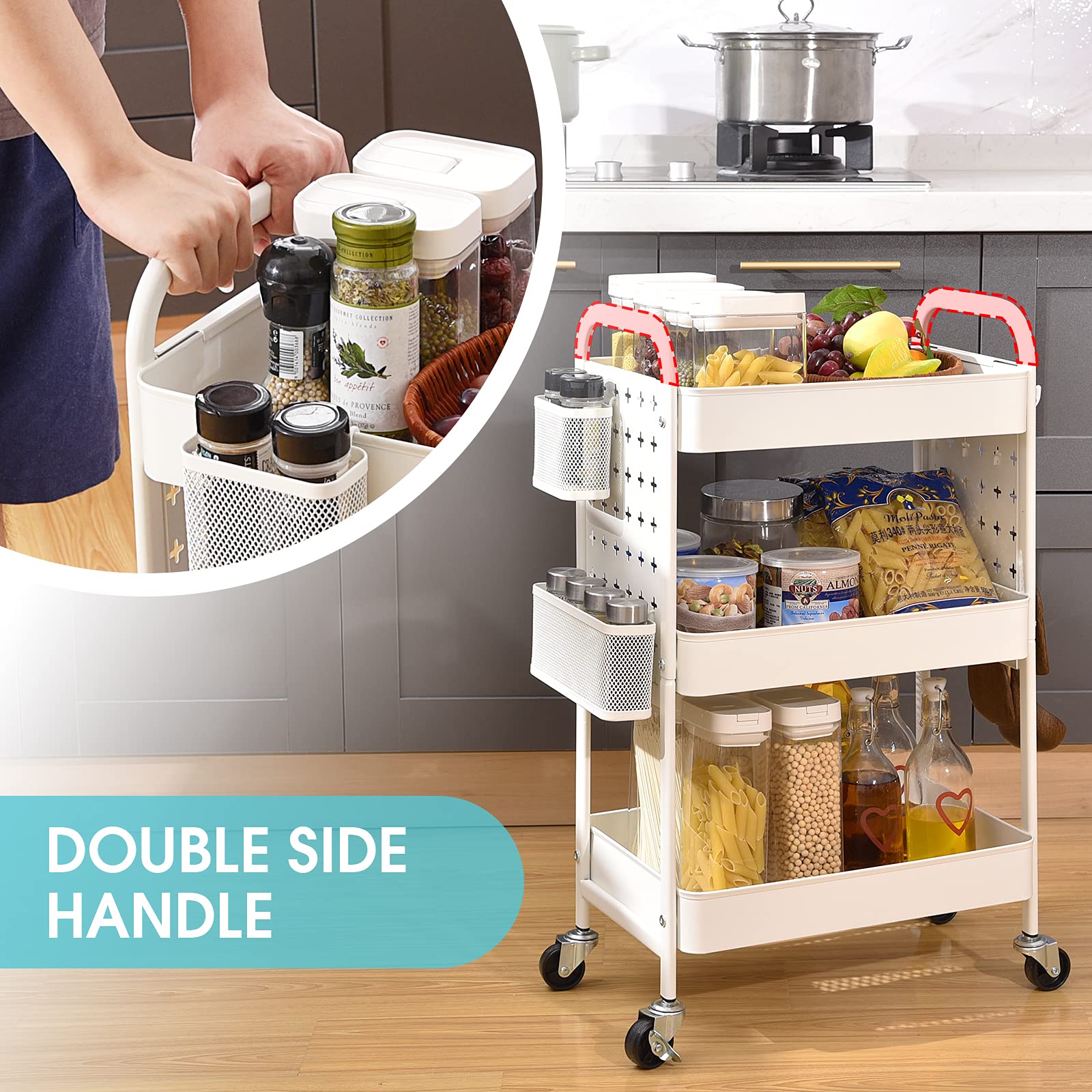 TOOLF 3-Tier Rolling Cart, Metal Utility Storage Cart with DIY Pegboards, Art Craft Trolley with Baskets Hooks, Organizer Serving Cart Easy Assemble for Office, Home, Kitchen, Classroom, White