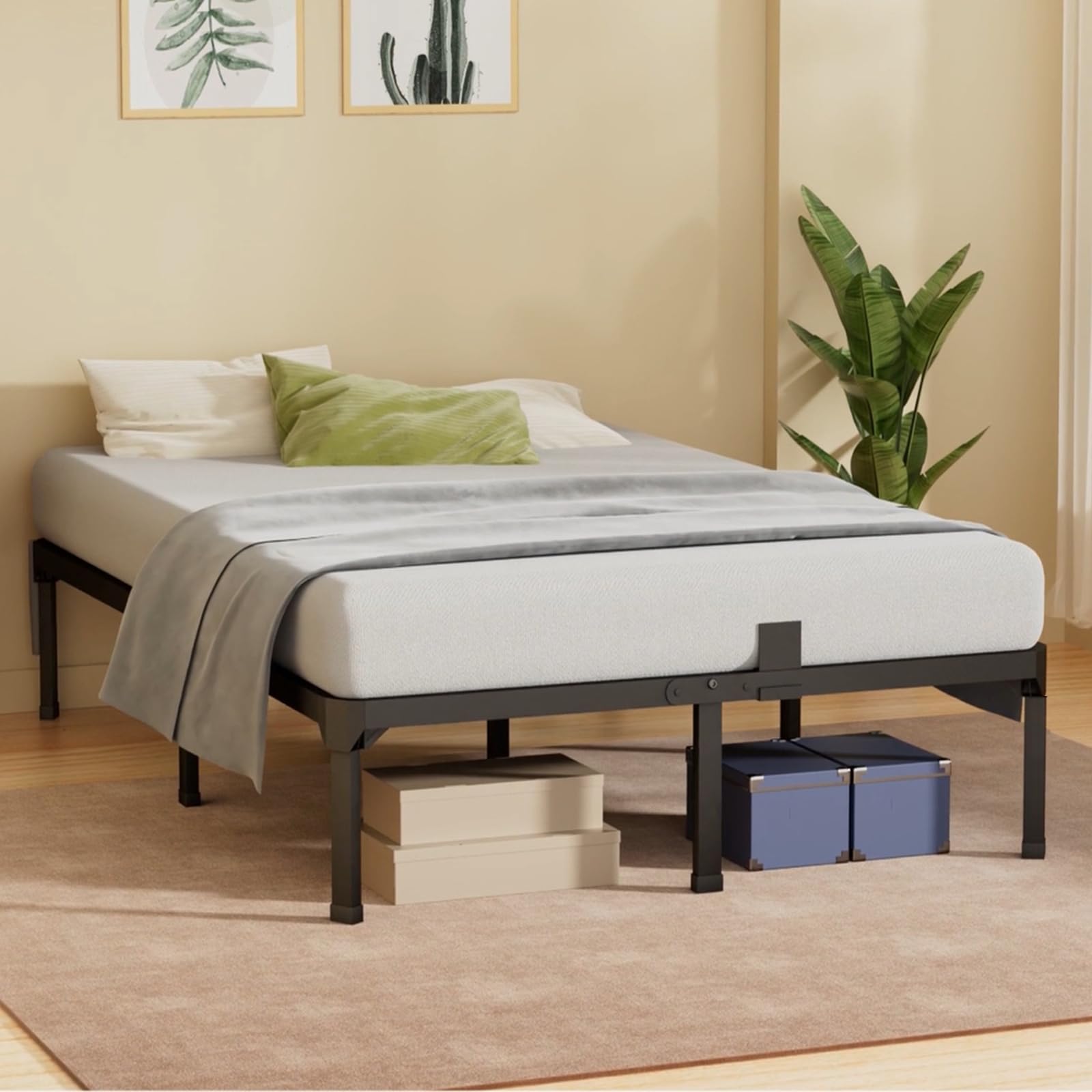 ROIL 14 Inch King Size Bed Frame with Mattress Slide Stopper - Double Black Basic Anti Squeak Steel Slats Metal Platform, Heavy Duty Noise Free Easy Assembly Bedframes, No Box Spring Needed