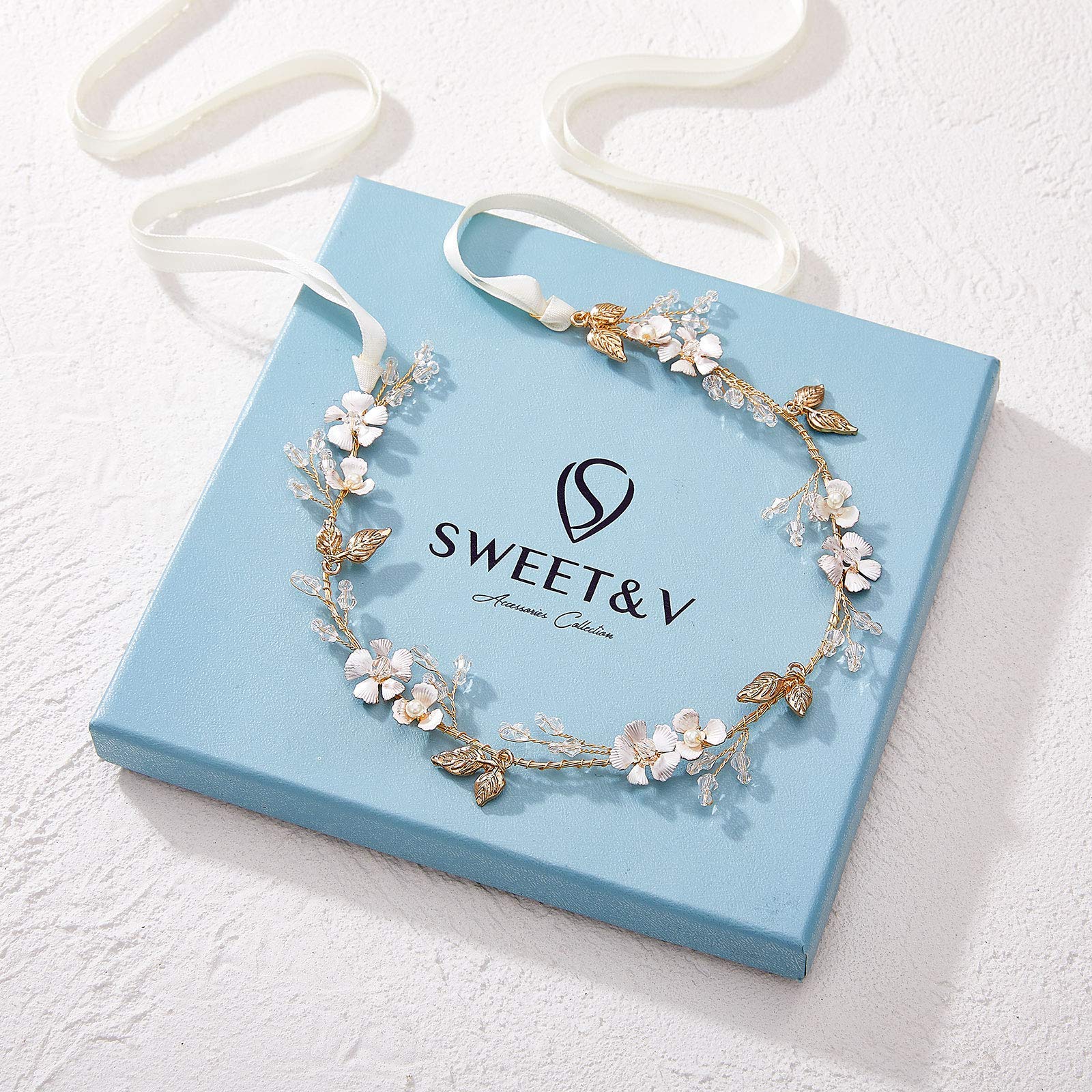 SWEETV Handmade Wedding Headband Flower-Leaf Bridal Headpieces for Wedding Hair Accessories Brides Hair Pieces Gold