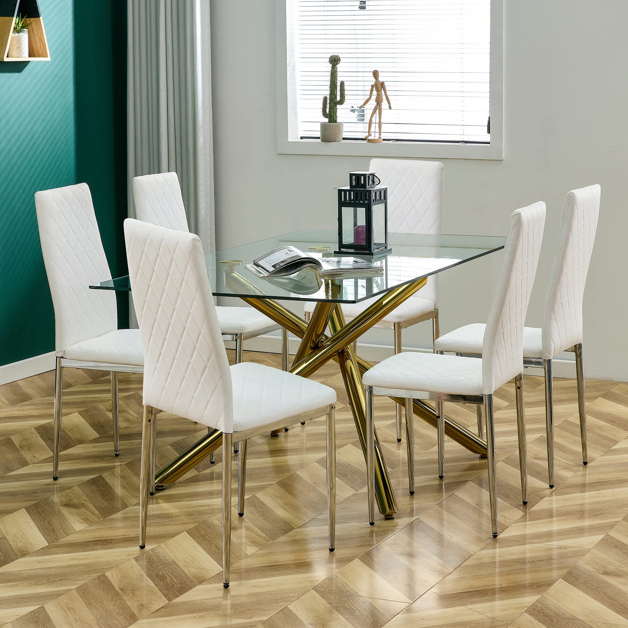 Rophefx Dining Chairs Set of 6, Modern Dining Room Chairs Upholstered Kitchen Chairs PU Leather Metal Legs High Back Side Chairs for Living Room, Kitchen, White