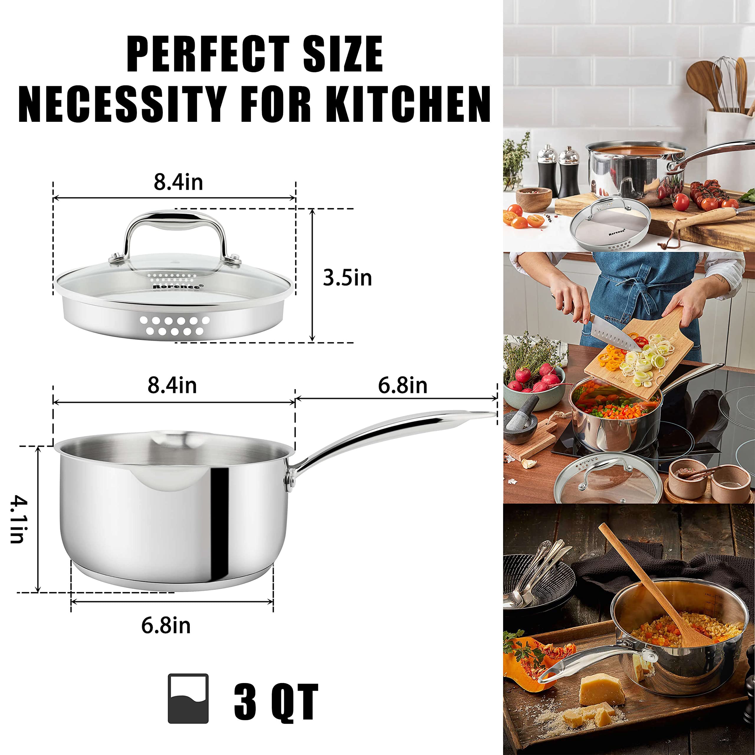 Rorence 3-Quart Saucepan with Lid: Pour and Strain Stainless Steel Sauce Pan with Pour Spouts, Capsule Bottom & Tempered Glass Lid