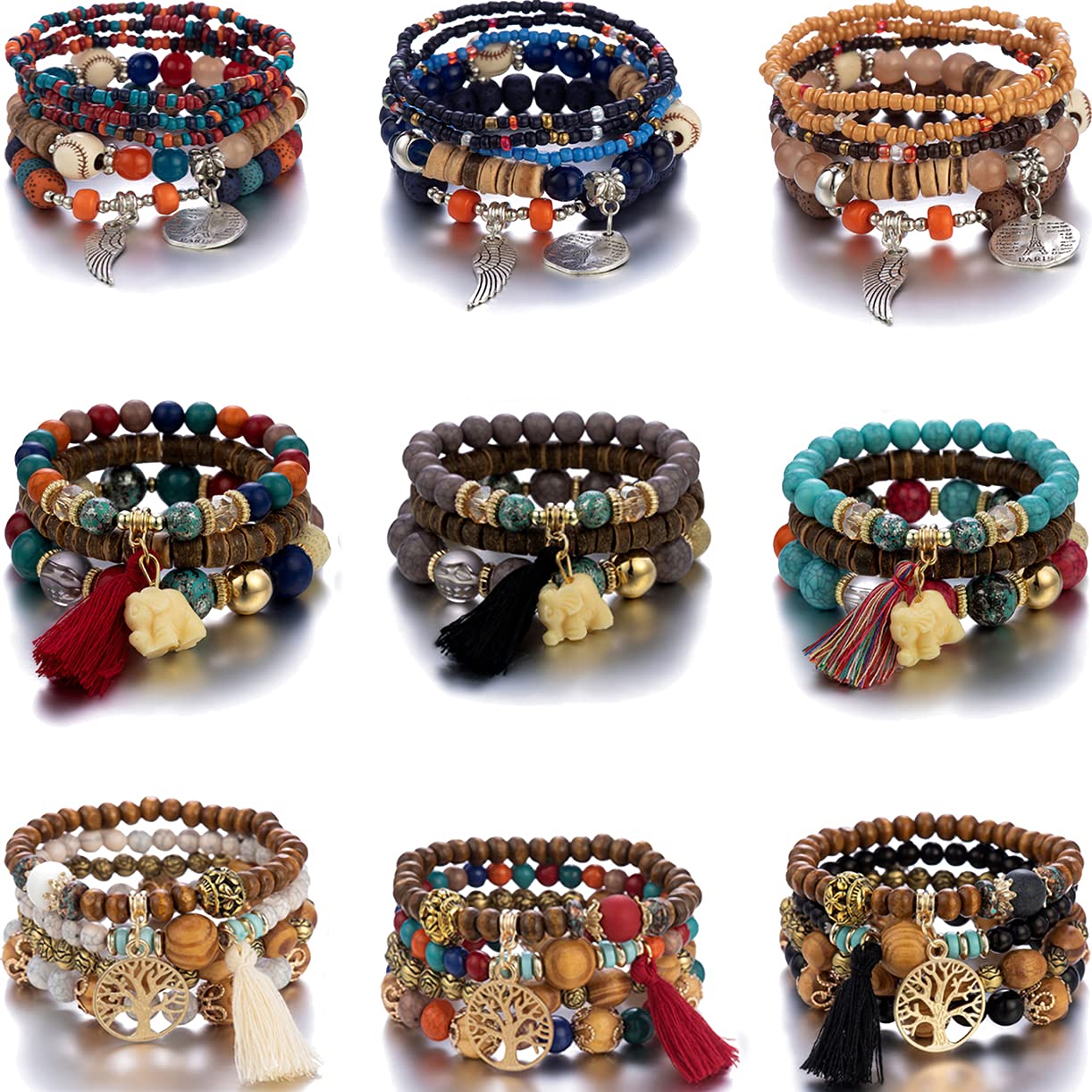 WAINIS 9 Pack Bohemian Stackable Bead Bracelets for Women Elephant Tree of Life Wings Boho Stretch Multilayered Bracelet Set Multicolor Jewelry Bulk