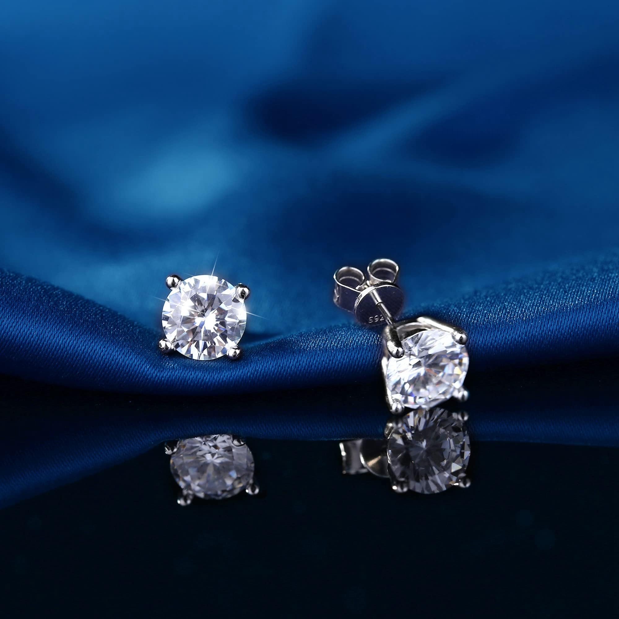 Sllaiss Sterling Silver Cubic Zirconia Stud Earrings for Women Men 14k White Gold Plated Round CZ Earrings for Sensitive Ear (4MM (0.5CT), SILVER)