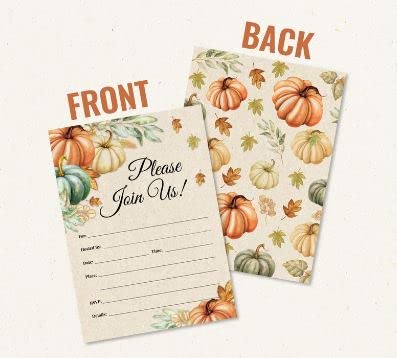 Pink Pixie Studio 20 Fall Party Invitations with Pumpkins & Leaves Thanksgiving, Bridal or Baby Shower, Friendsgiving, Dinner Parties with White Envelopes Made in the USA