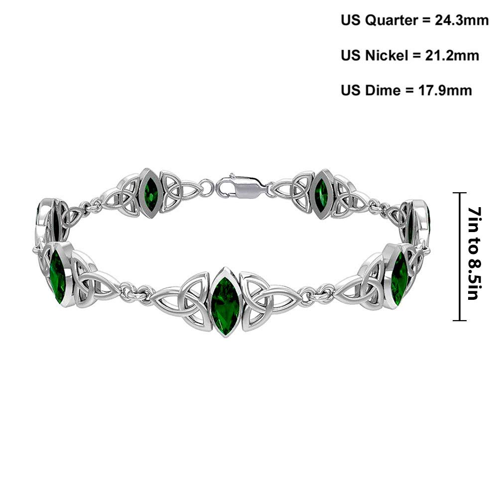 US Jewels 925 Sterling Silver Irish Celtic Trinity Knot Simulated Emerald Glass Bracelet, 8"