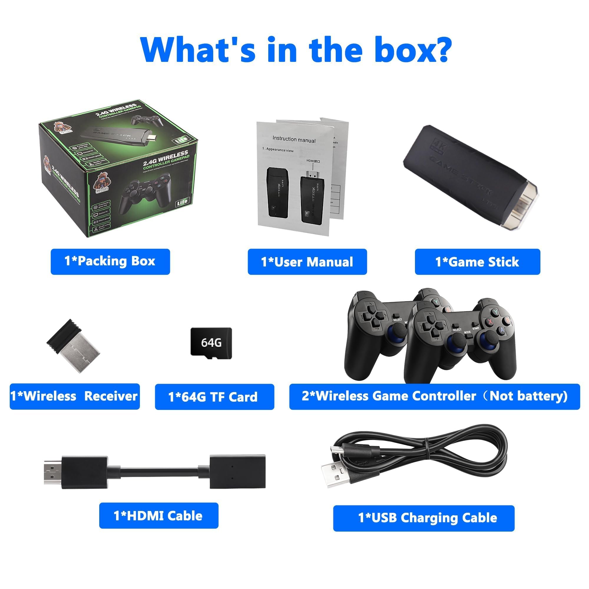 Retro Game Stick, FNKTQL Wireless Retro Game Console Built in 10000+ Games, 9 Emulators, Plug and Play Video Game Stick 4K HDMI Output with 2.4GHz Wireless Controllers (64G)