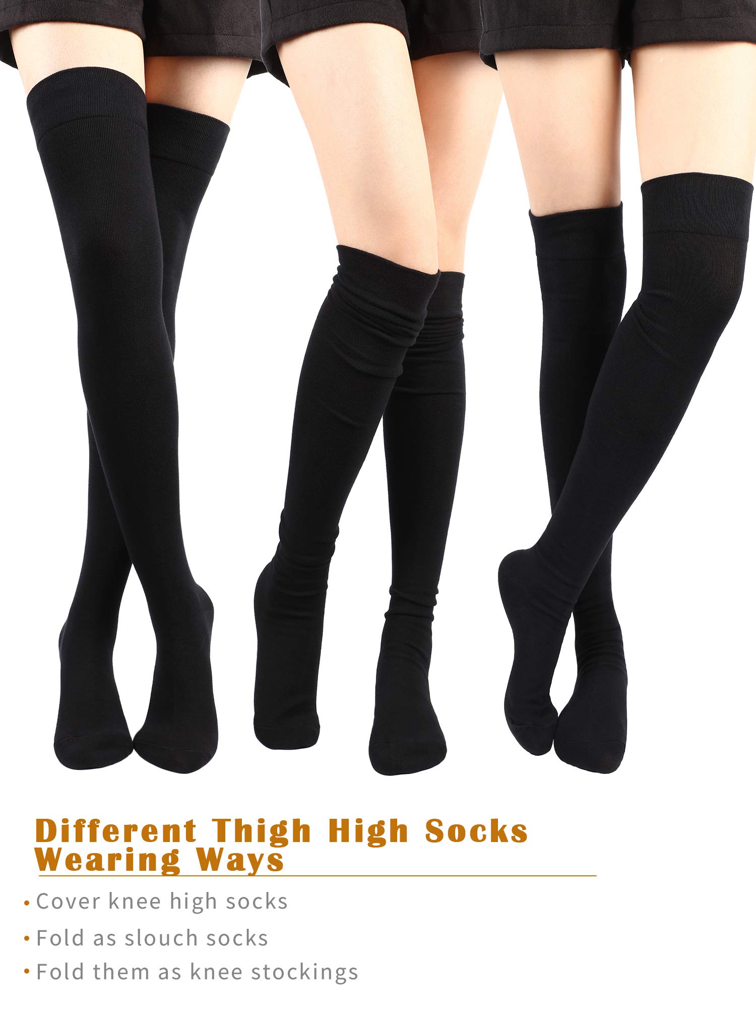 SATINIOR 3 Pairs Thigh High Socks Cotton Over Knee Socks Knit Long Boot Stocking, Black, Medium