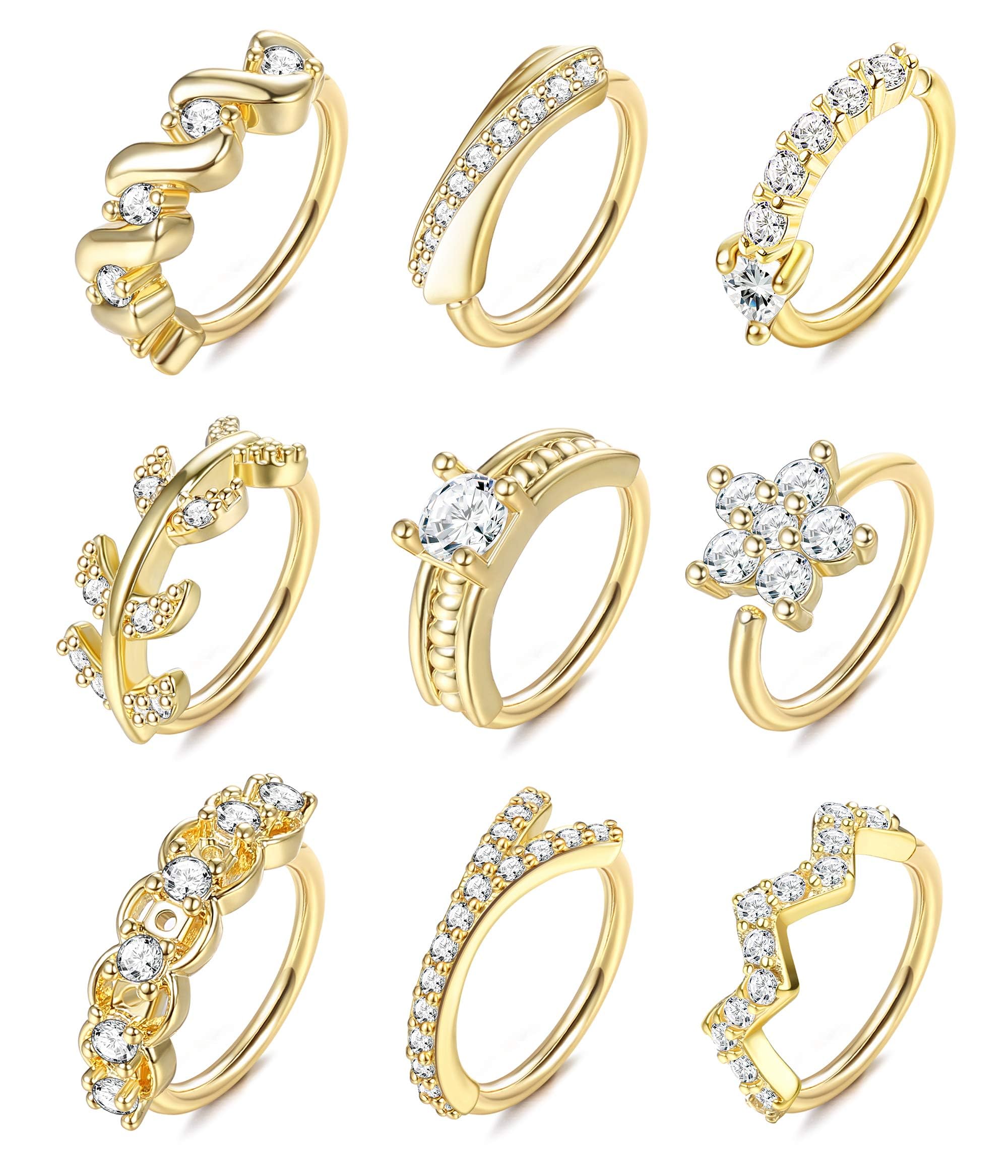 UBGICIG 9Pcs 20G Stainless Steel Nose Rings Hoop for Women Men Paved CZ Cute Cartilage Helix Earrings Hoop Body Piercing for Nose Ear Gold Silver Plated (Gold)