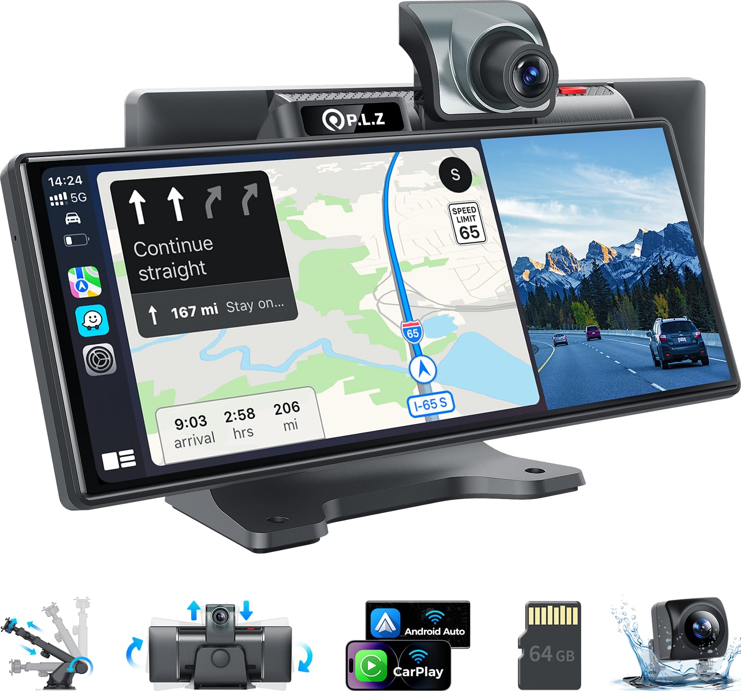 PLZ 9.3" Wireless Apple Carplay Stereo Screen, Portable Plug in Car Play Android Auto Touchscreen, Car Audio Receiver, 1080P Backup Camera, Bluetooth 5.3, FM Radio Transmitter, 2.5K Dash Camera