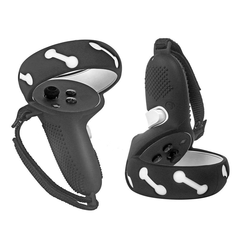 SIMUMU Upgrade Full Cover Silicone Touch Controller Grip Cover & Adjustable Wrist Knuckle Strap for Oculus Quest 2, Upgrade Signal Hole,Unblock Signal (Black)