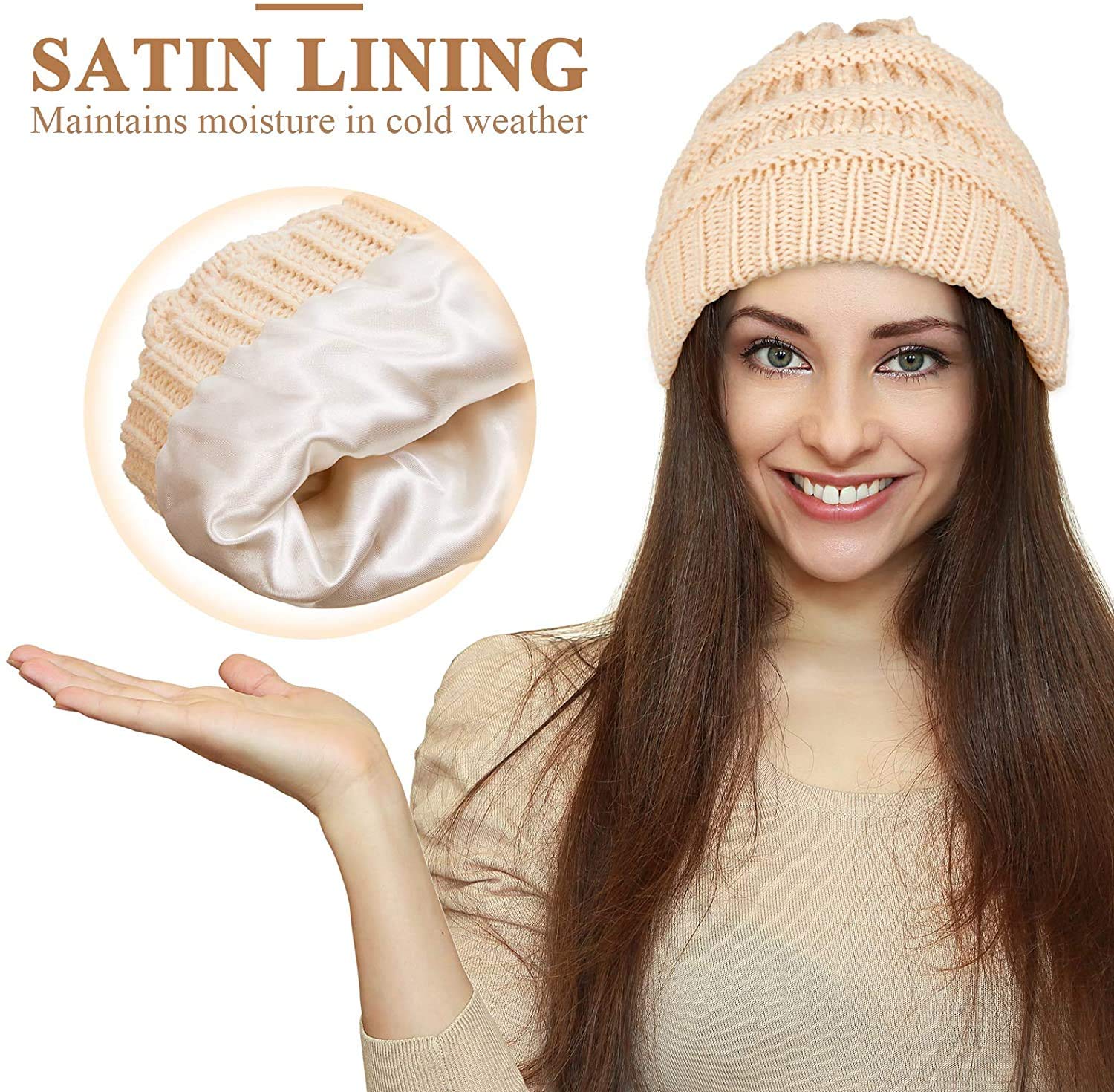 Roniky Winter Knit Beanie Hats for Women, Silk Satin Lined Chunky Cap Soft Stretch Cable Knit Warm Slouchy Beanie Hat Black