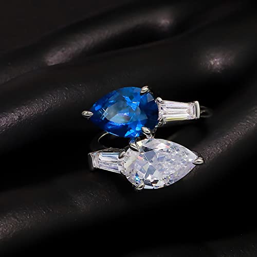 通用 2pcs 4CT Pear Cut Blue & White Zircon Engagement Ring, Rhodium Plated 925 Sterling Silver Two Stone Wedding Anniversary Promise Ring for Her (Silver, 7)