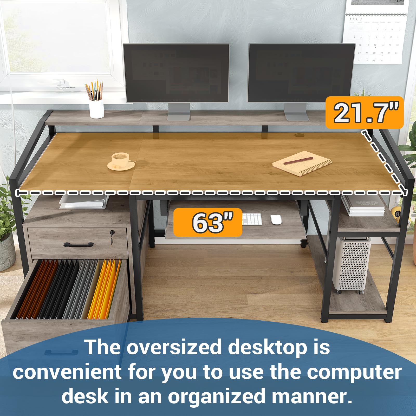 SEDETA Computer Desk, Desk with Lock Drawers for Legal, Letter File, Gaming Desk with LED Light & Power Outlets, Office Desks for Printer, Grey