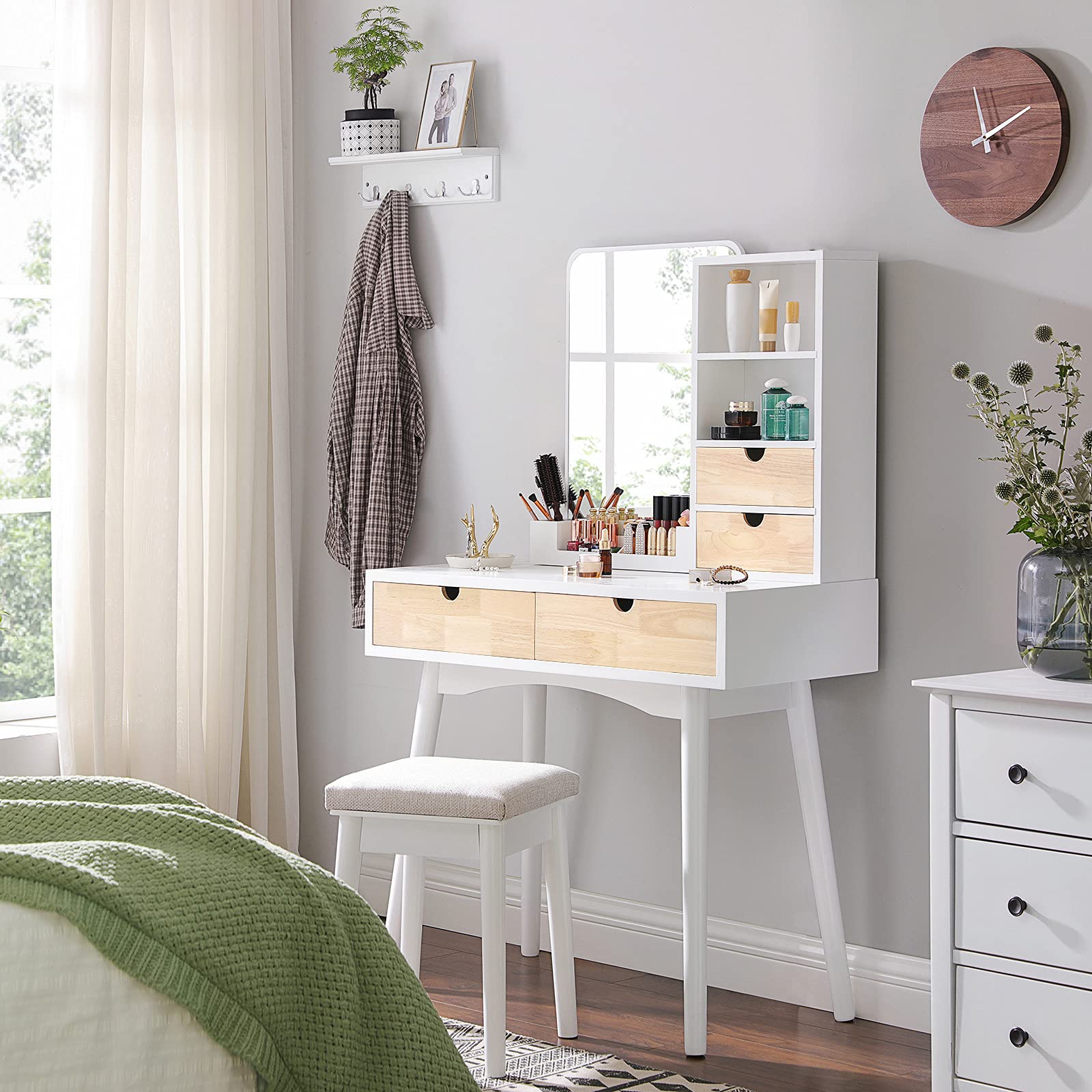VASAGLE Vanity Set Modern Makeup Dressing Table with Mirror, Felxible Storage, White and Natural URDT32K