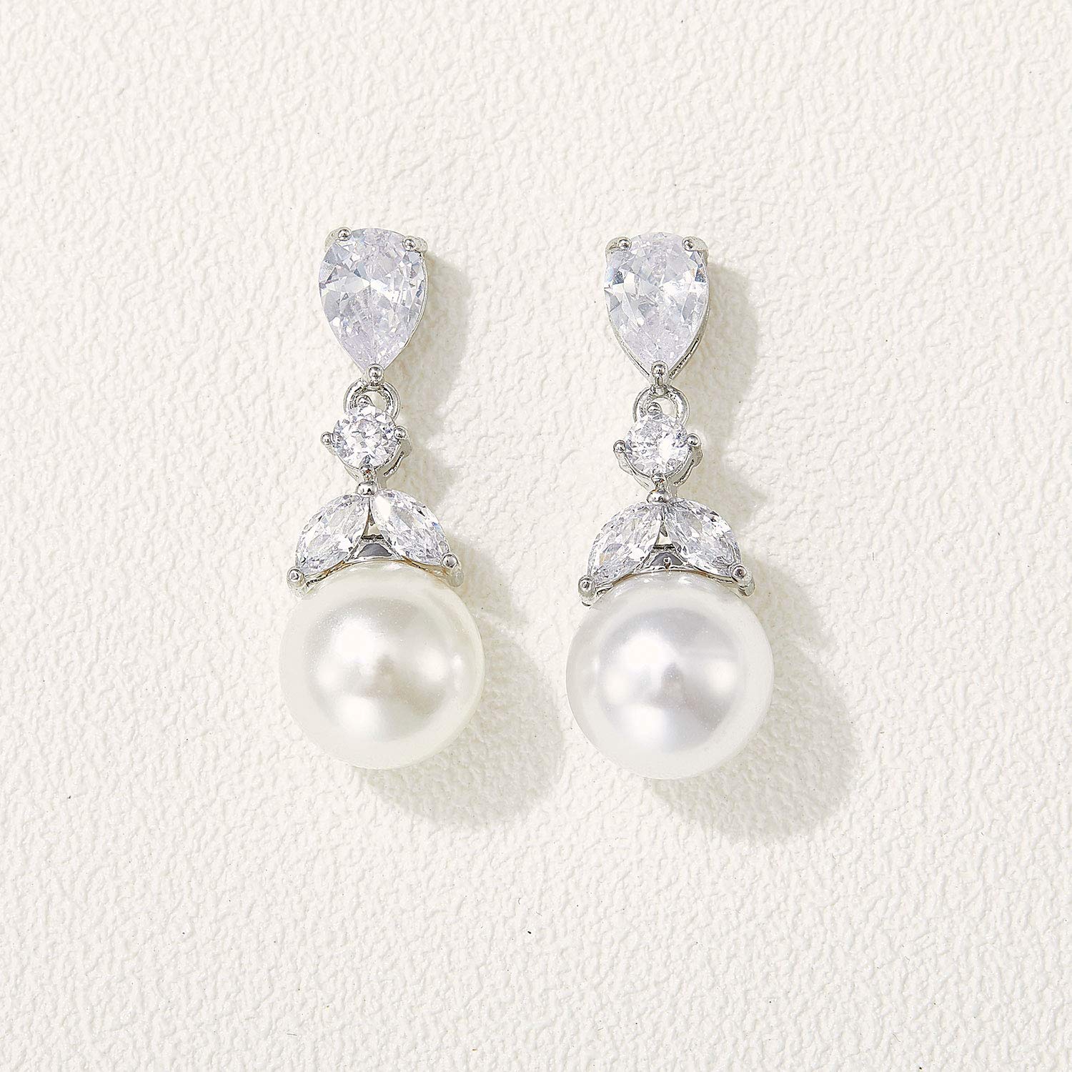 SWEETV Cubic Zirconia Pearl Drop Wedding Earrings for Brides, Ivory Camellia Bridal Pearl Earrings for Bridesmaid Jewelry Gift