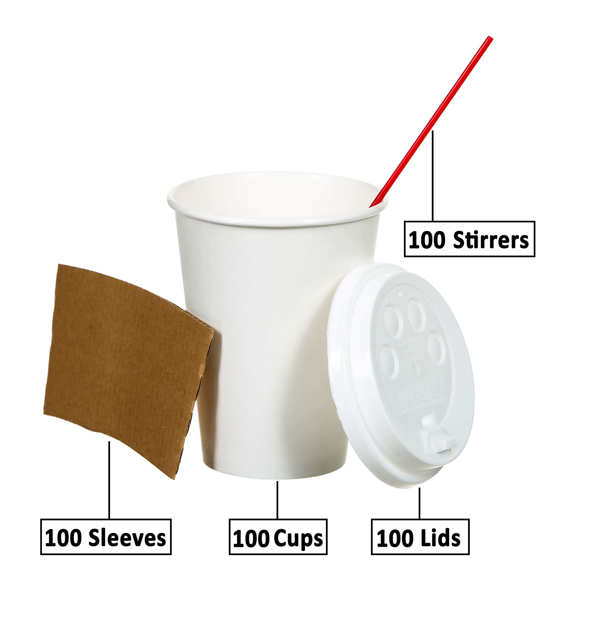 SafeWare White Coffee Cup Set - 100 Pack Disposable Coffee Cups with Lids 12 oz, Perfect for Hot Beverages, Expresso, Latte, Tea, Hot Chocolate, Includes Stirrers and Sleeves, To-Go Design