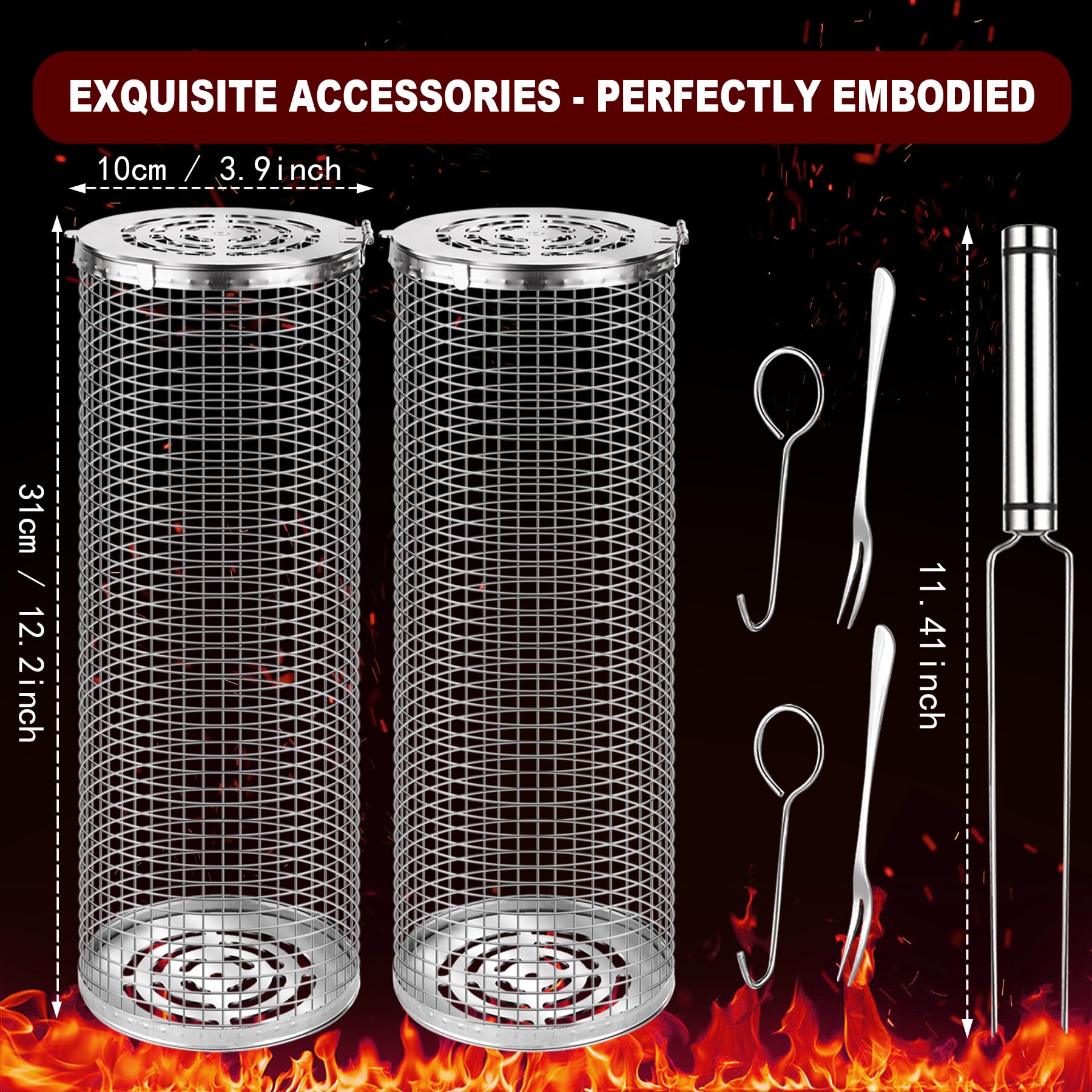 Rolling Grilling Baskets Outdoor Accessories Stainless Steel Cylinder Tubes Vegetable Cage Veggie Grill Bbq Basket Nets Veggies Barbecue Round Net Cylinders Barbeque Kabob Fish Meat Gear Gift (2pcs)
