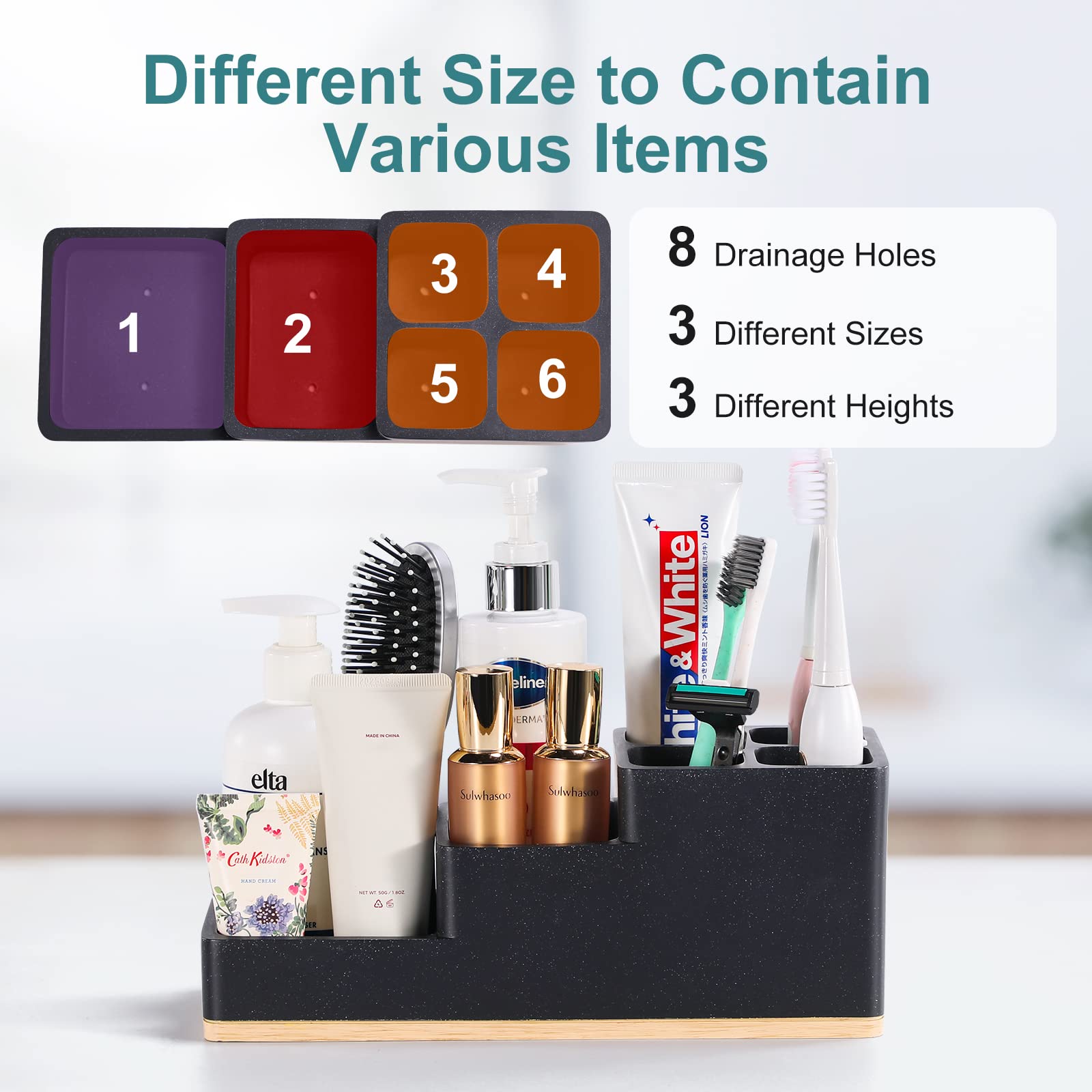 Toothbrush Holder for Bathroom, Aimou Bathroom Organizer Countertop Bathroom Accessories with 5 Compartment Storage for Bathroom/Vanity, Cotton Ball, Cotton Swab, Floss, Black