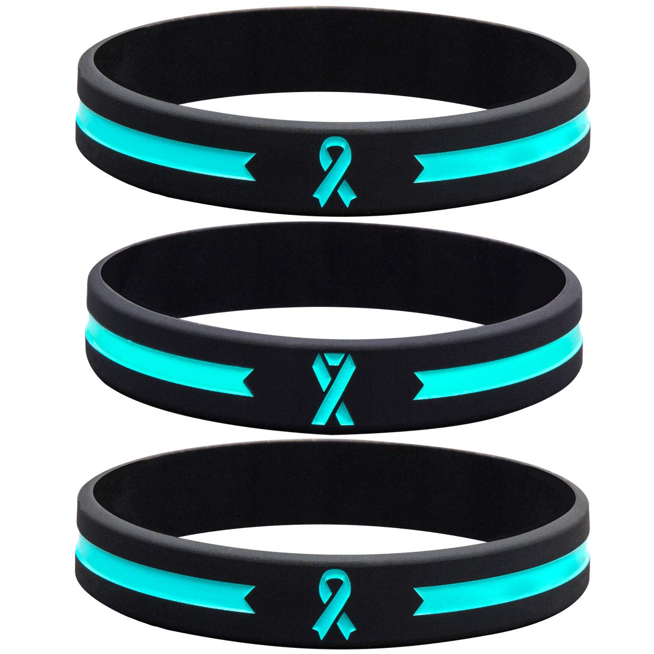 Sainstone Teal Awareness Ribbon Silicone Bracelets, Teal Inspirational Ribbon Wristbands Unisex Gifts for Men Women (3-pack)