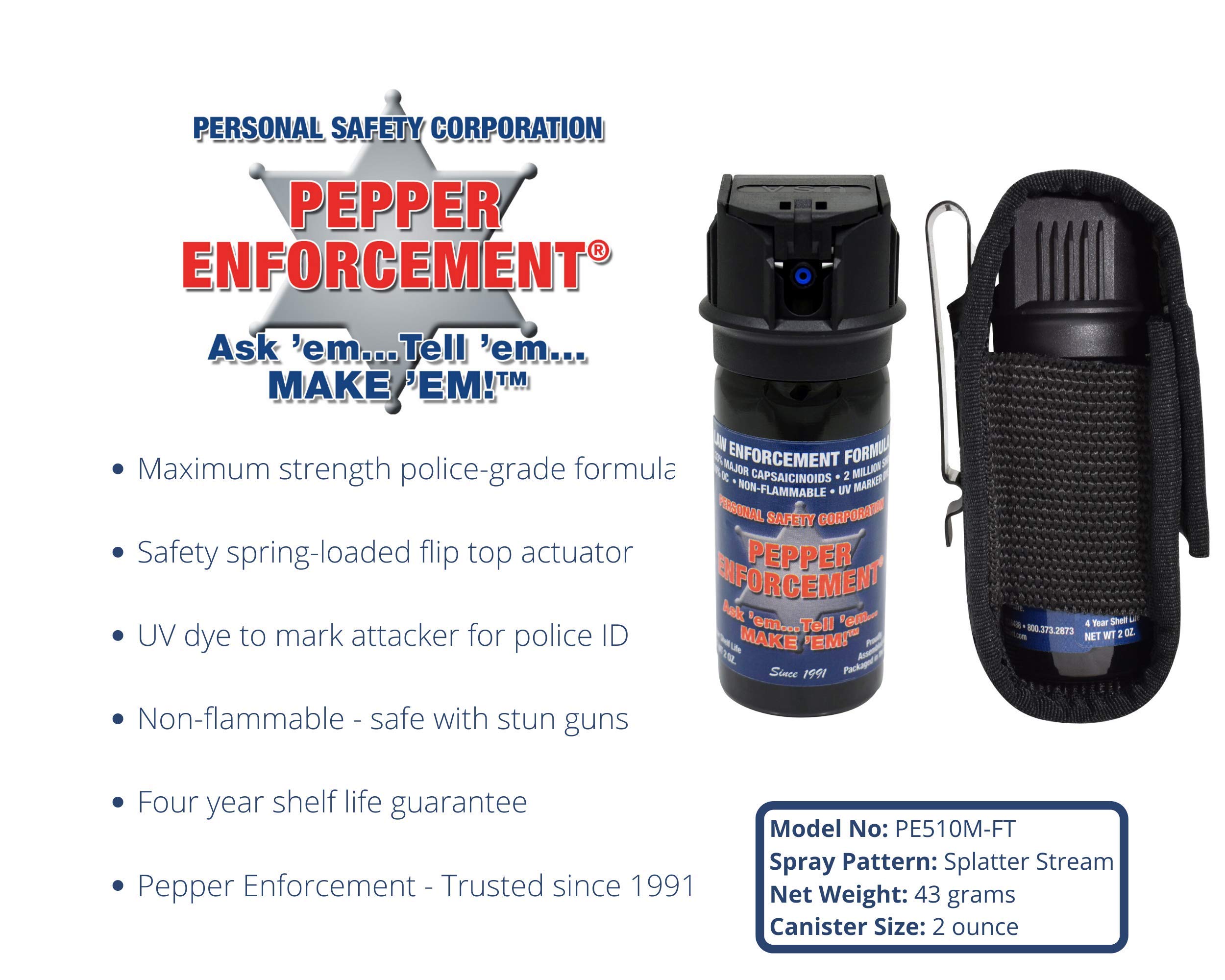 Pepper Enforcement 2 oz. Splatter Stream Pepper Spray with Belt Clip Holster - Maximum Strength 10% OC Police Formula with Marking Dye - Emergency Self Defense Personal Protection