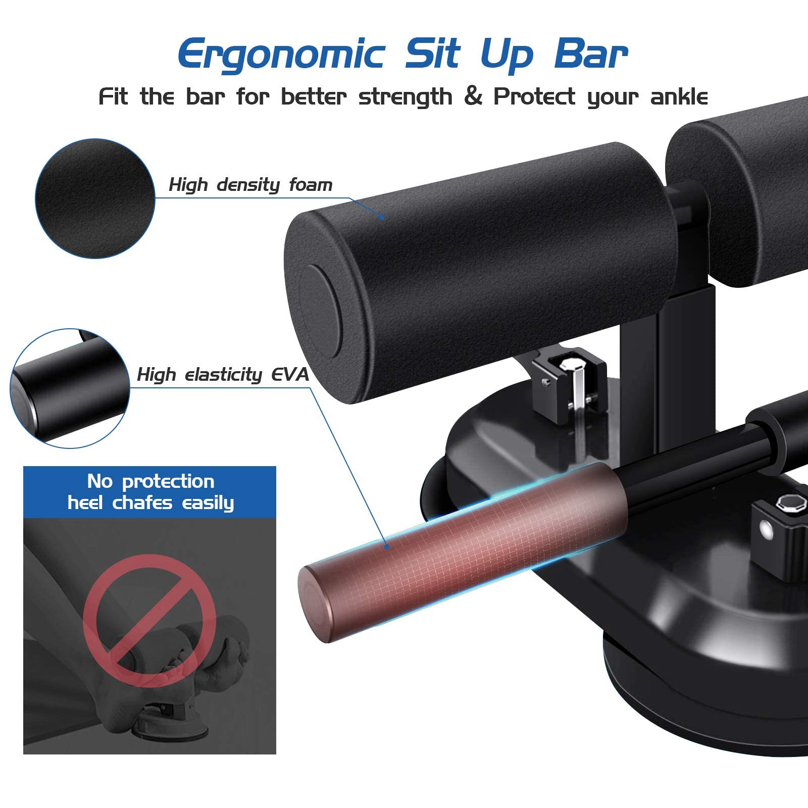 Sit Up Assistant Device Bar for Floor, Portable Sit Up Exercise Equipment with 2 Strong Suction Cups and Adjustable Foot Holder, Abs Master for Home Workout, Black
