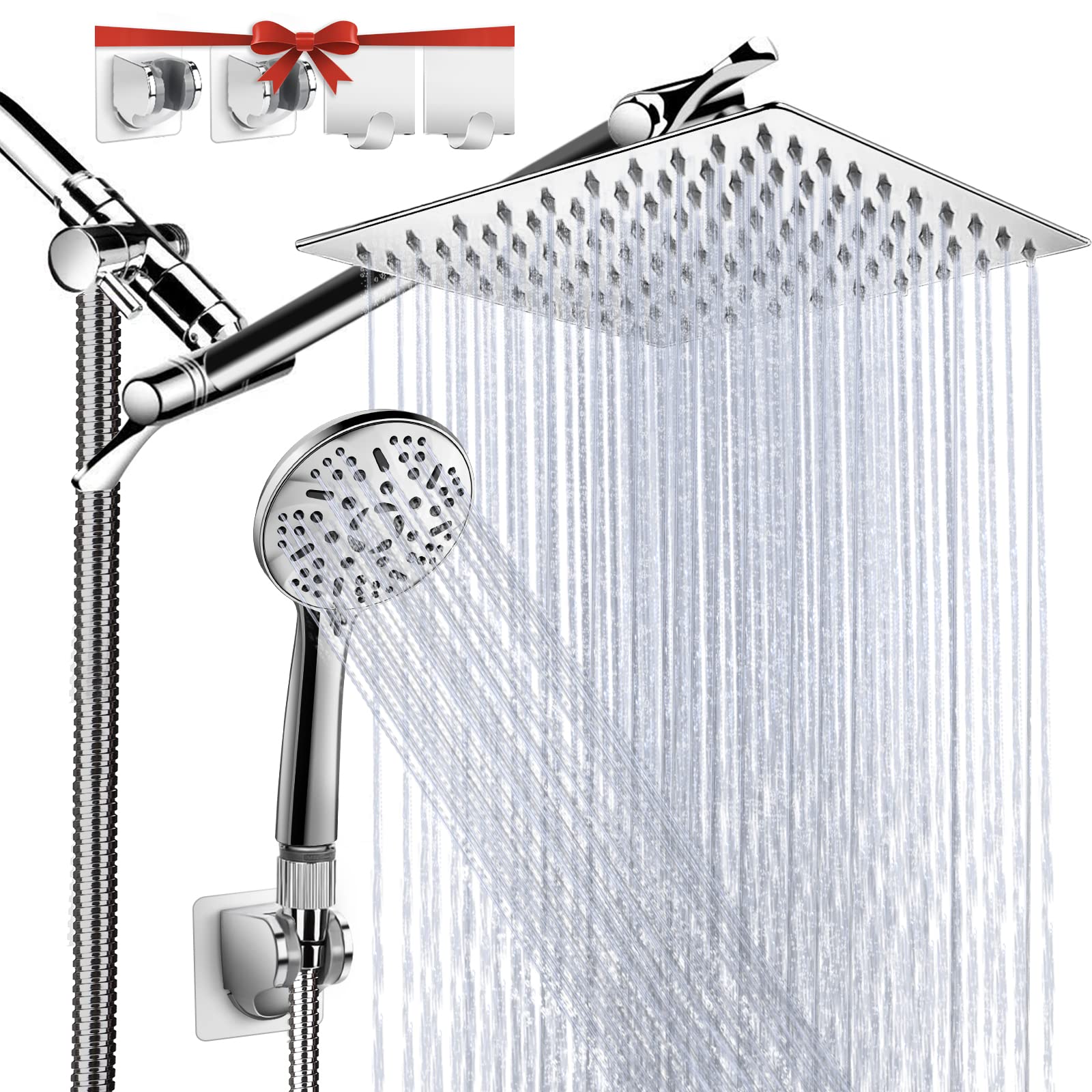 UDOGI Shower Head with Handheld, High Pressure 8" Rain/Rainfall Shower Head Combo with 5FT Stainless Steel Hose, 11" Adjustable Extension Shower Arm, 9 Settings Anti-leak Shower Head with Holder