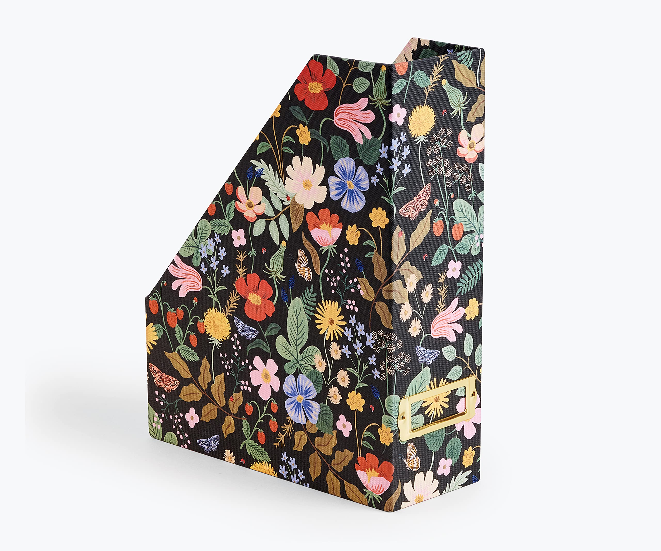Rifle Paper Wrapped Desk Strawberry Fields Bundle with Desk Organizer, Magazine Holder, Letter Tray, Pencil Cup, and Writing Pen. Features Full Color Illustrations of Strawberry Fields Print.