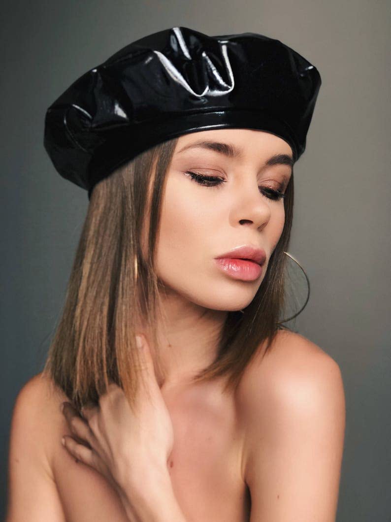 UTALY Patent Leather French-Beret Hat PU Dancing Cap Captain Women (Size S-M) Black