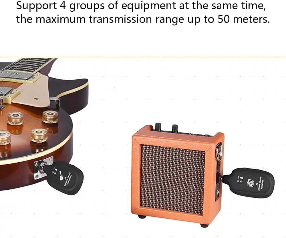 Wireless Guitar System, Wireless Guitar Transmitter and Receiver, 3.7V 600mAh 20Hz-20kHz UHF Built-in Rechargeable Support 4 Channels Transmitter Receiver with Plug for Electric Guitar Bass Organ