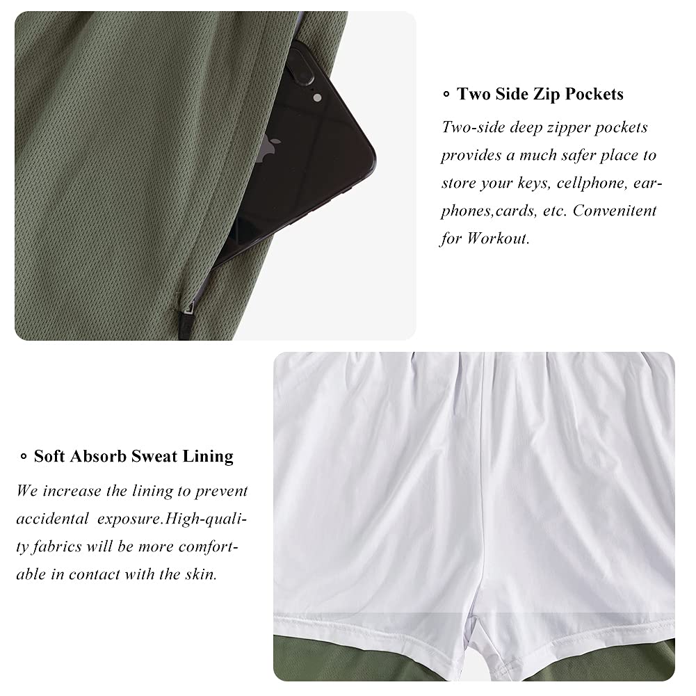Wangdo Men's Workout Shorts 7" Running Gym Athletic Bike Shorts with Zipper Pocket(Black+Green-M)