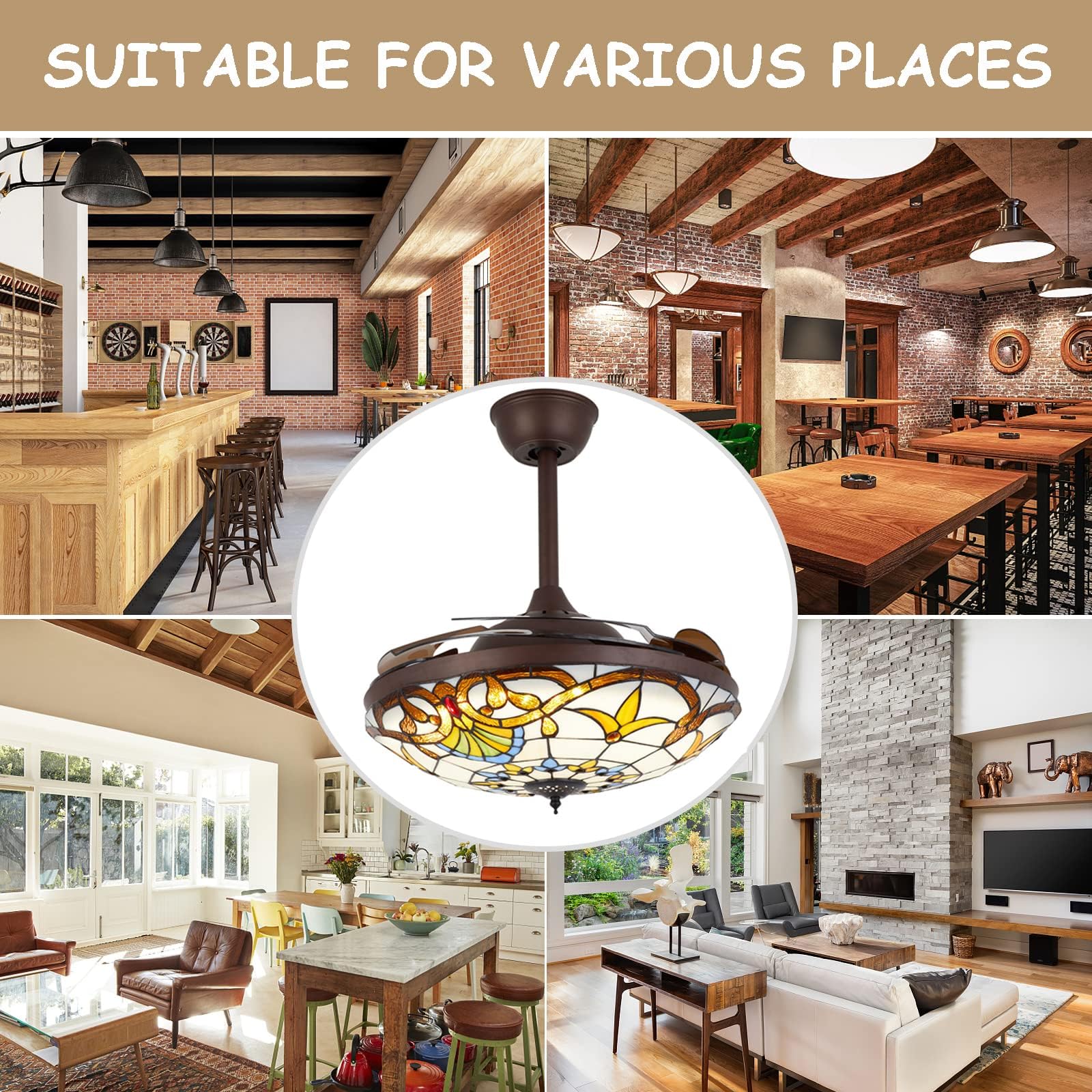 TFCFL 42 Inch Tiffany Style Invisible Ceiling Fan with Lights and Remote Control,Retractable Blades 3 Speeds 3 Light Changes Fandelier Chandelier Fan,Quiet Motor,Indoor Ceiling Lighting Fixture