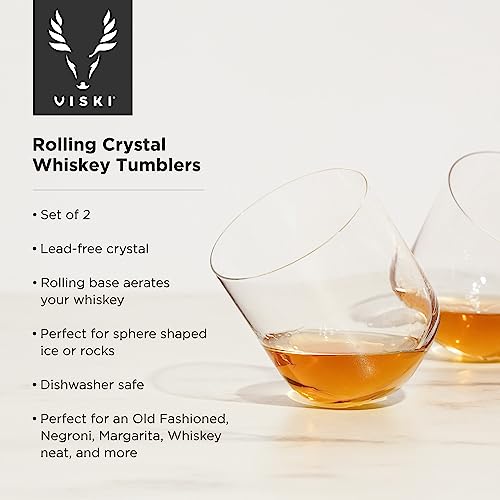 Viski Rolling Crystal Whiskey Tumblers Set of 2 - Premium Crystal Clear Glass, Classic Lowball Cocktail Glasses, Scotch Glass Gift Set - 12 oz
