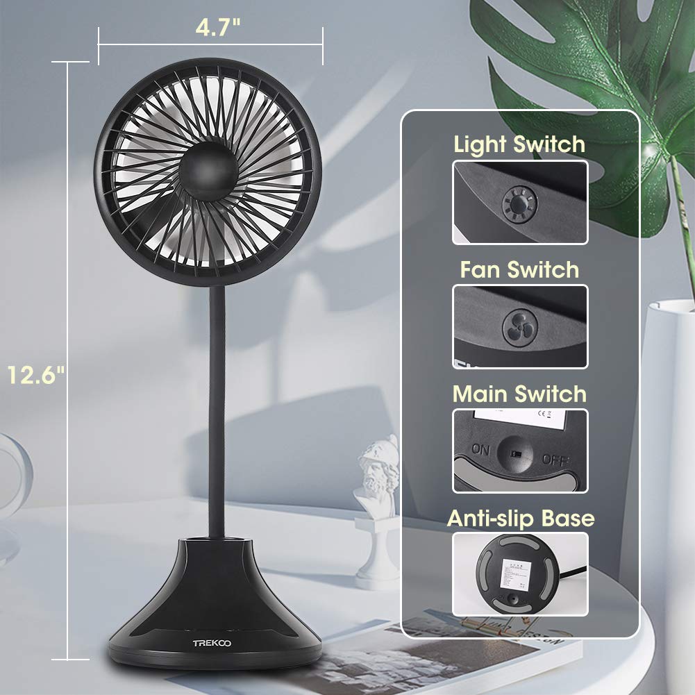 TREKOO Desk Fan Lamp Combo Rechargeable Battery Powered USB Personal Fan 3 Speeds 3 Light Brightness Flexible Gooseneck Small LED Lamp Table Fan Compatible with Adapter/PC/Power Bank