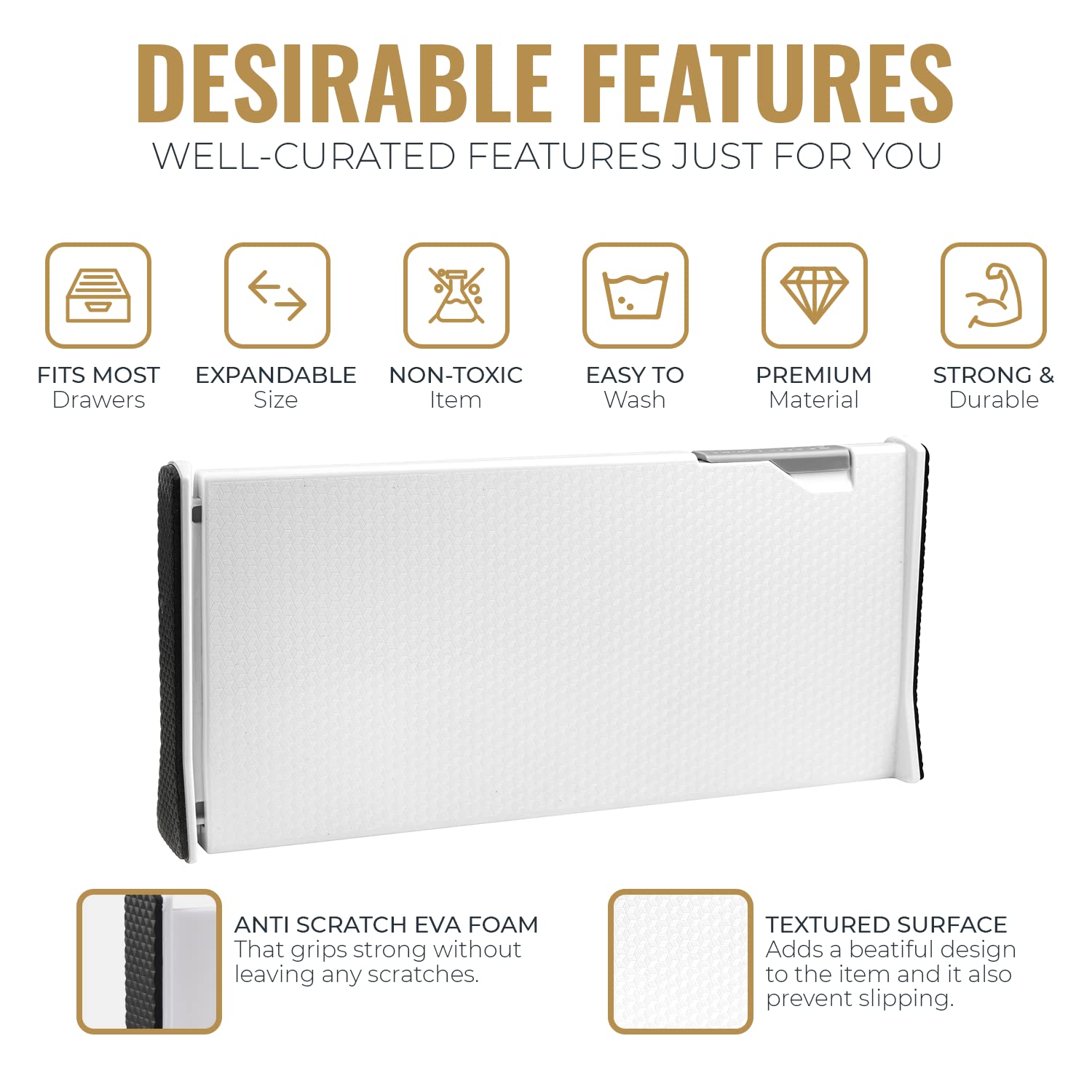 RAPTUROUS Deep Drawer Divider 3 Pack, [6 Inch Tall, 13-22"] Long Expandable, Adjustable Drawer Dividers for Clothing, Clothes, Dresser, Kitchen, Strong & Sturdy Hold, Soft Foam Edges（White）