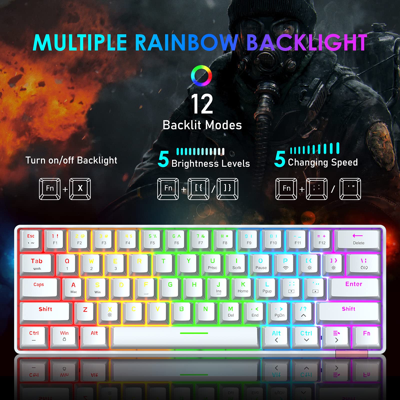 Wireless 60% Dual Mode BT5.0/USB-C Wired Mechanical Gaming Keyboard with Rainbow Backlight Compact 61Key Ergonomic Rechargeable Anti-ghosting Bluetooth for PC Typist Mac Gamer(White/Red Switch)