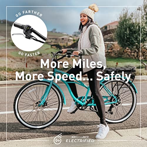 sixthreezero Around the Block Women's Electric Bike, 7 Speed Beach Cruiser eBike Bicycle with Rear Rack, 500 Watt Motor, 26 Inch Wheels, Sky Marigold
