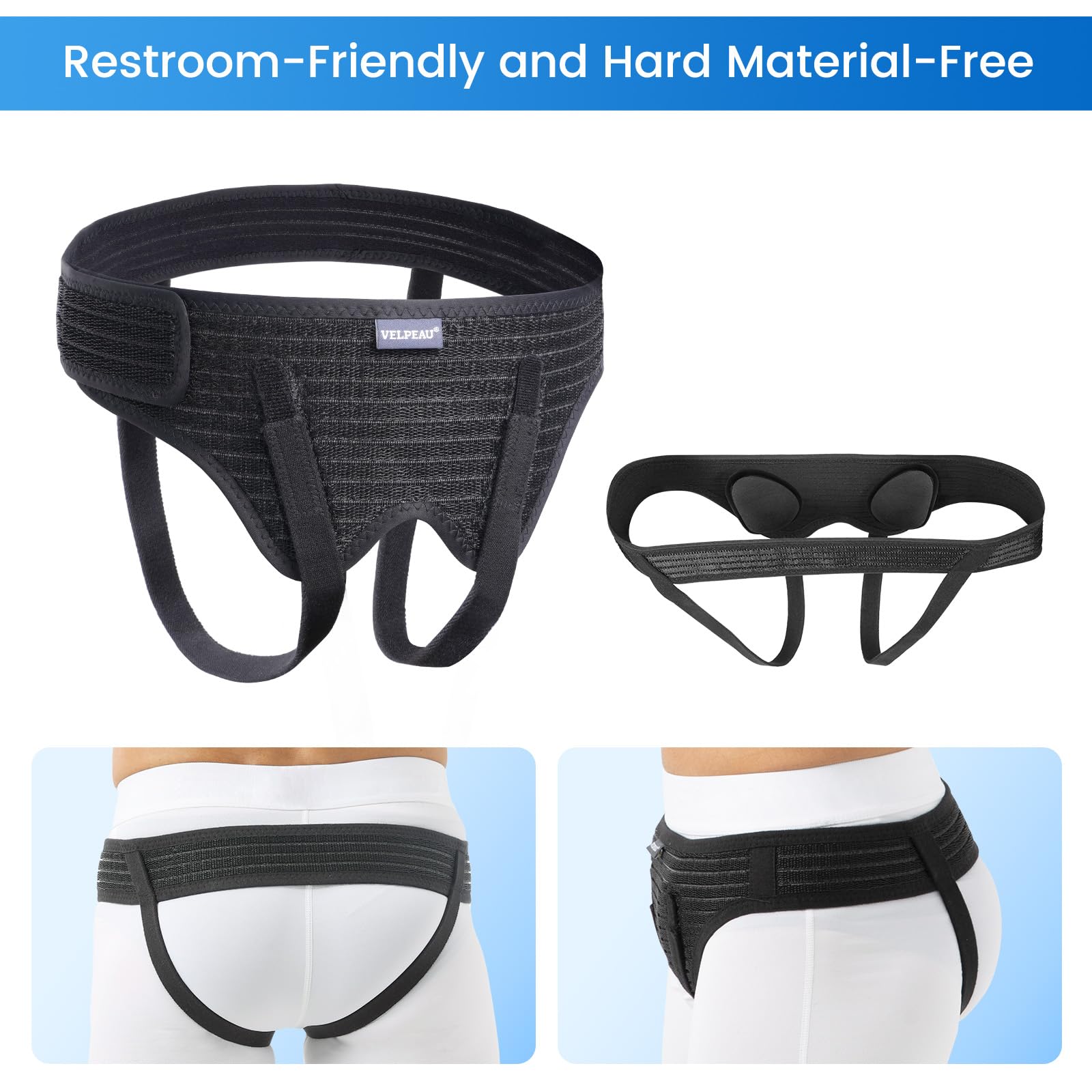 VELPEAU Hernia Belt for Men & Women - Bilateral/Double Inguinal, Groin Hernia Support Truss Underwear Briefs, Pain Relief Recovery Adjustable Strap with 2 Removable Medical Compression Pads (Black, L)