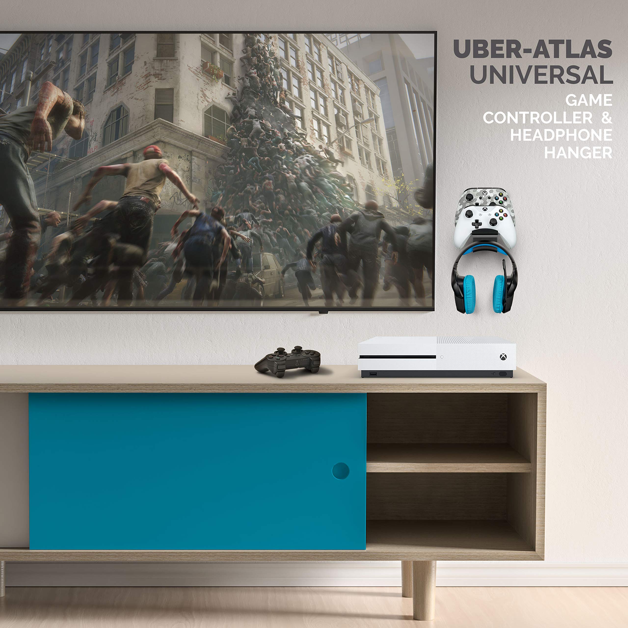 The UberAtlas Dual Game Controller & Headphone Stand Wall Mount Holder for Xbox ONE, Series X, PS5, PS4, PS3, Switch, STEELSERIES Gamepad & More, Stay Organized No Screws, by Brainwavz
