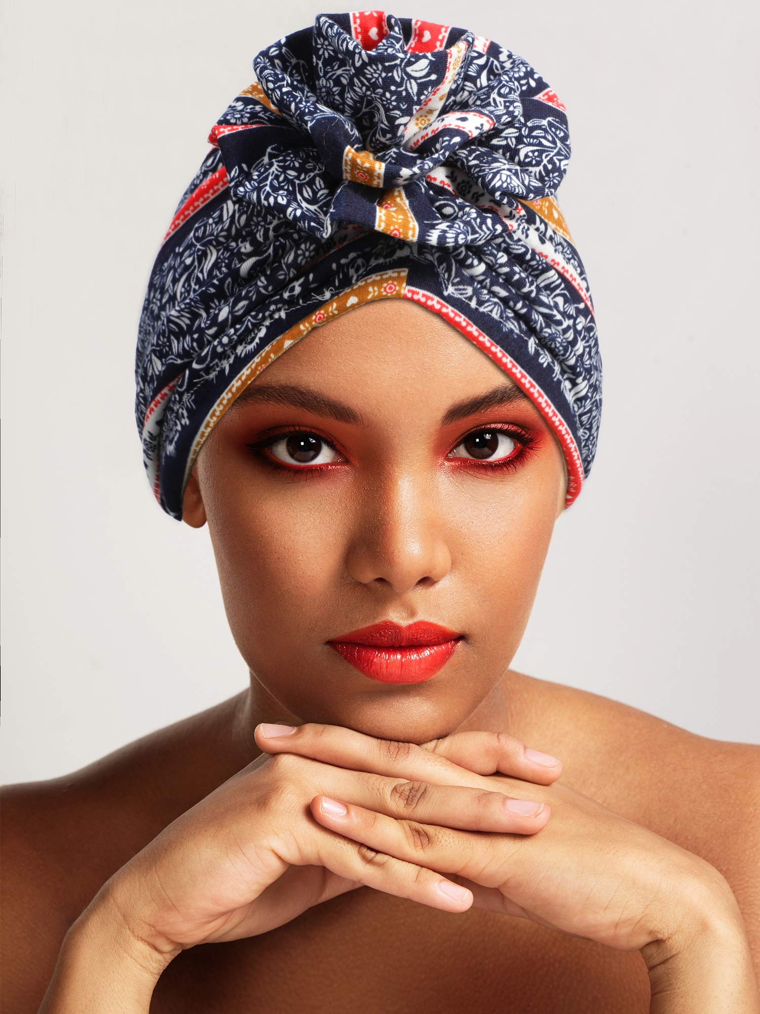 Syhood 9 Pieces African Turban Cap Flower Pattern Headwrap Elastic Knot Pre-Tied Bonnet Beanie Hat for Women Colorful