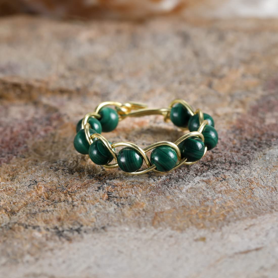 Tsnamer Rose Quartz Crystal Ring, Handmade Wire Wrapped Beaded Braided Rose Quartz Ring, Crystal, Malachite
