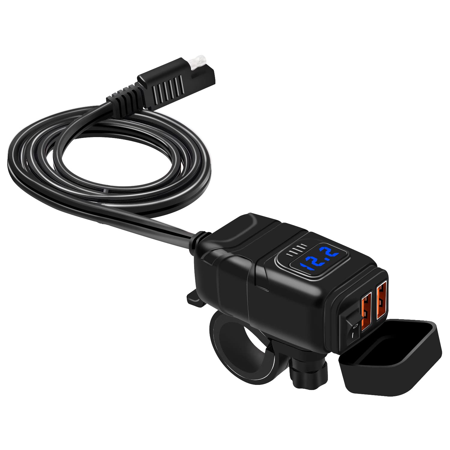 Vemote Motorcycle Phone Charger USB, Waterproof 6.8A Dual Port QC3.0 Fast Charging, Quick Disconnect SAE USB Adapter, Voltmeter, ON/Off Switch&Fuse for Phone,Tablet. (7/8inch Handlebar, Blue)