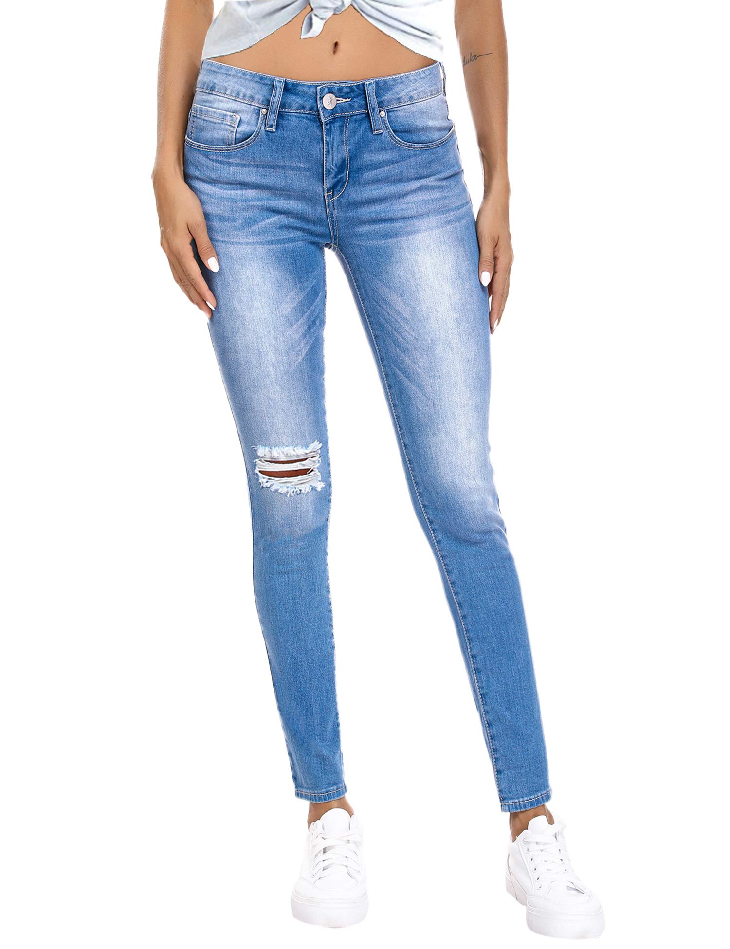 Resfeber Women's Ripped Boyfriend Jeans Stretch Distressed Jeans Capri Mom Jean with Hole