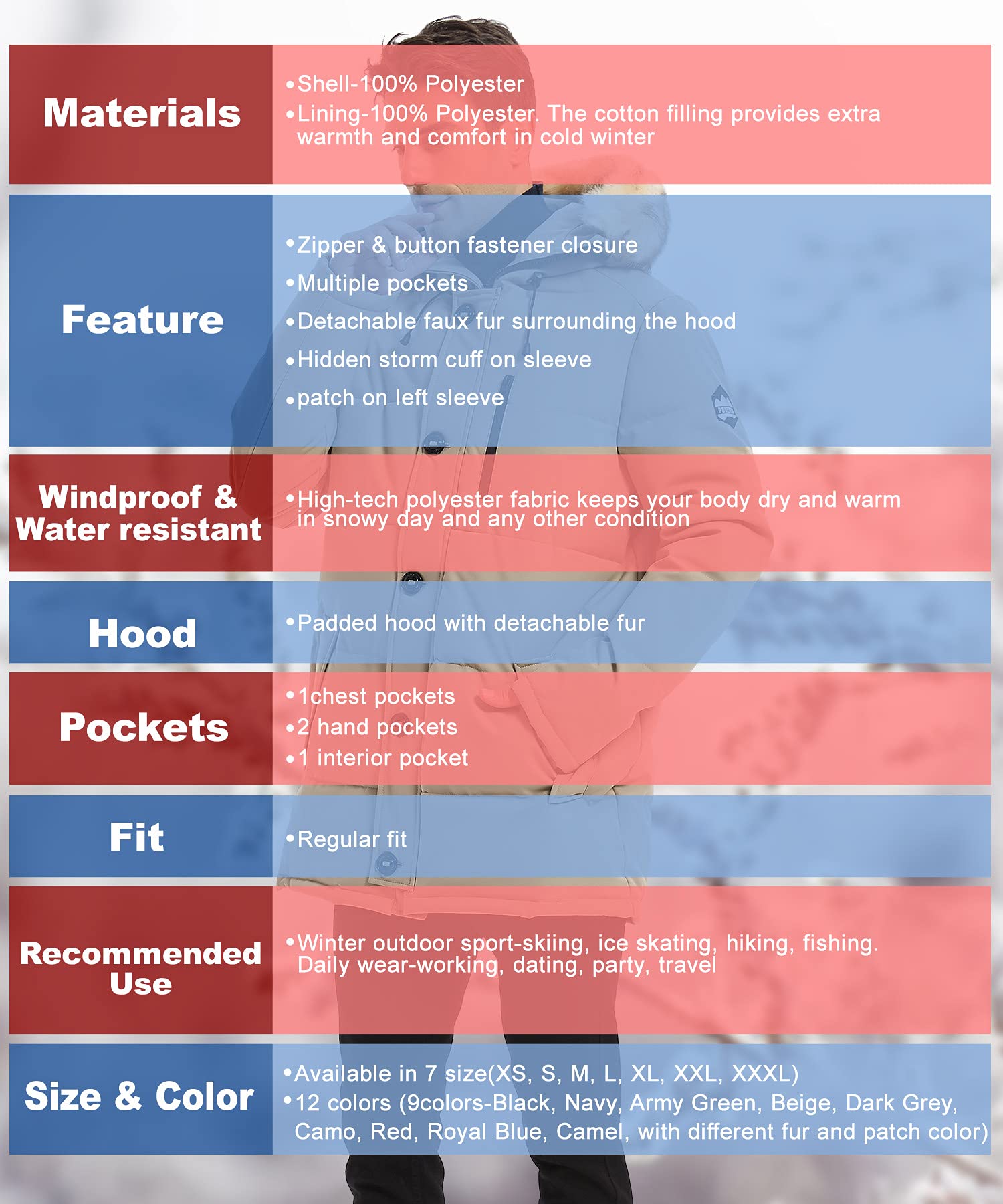 PUREMSX Winter Coats for Men, Padded Insulated Quilted Outwear Long Puffer Warm Skiing Hiking Snow Coats,Red,X-Large