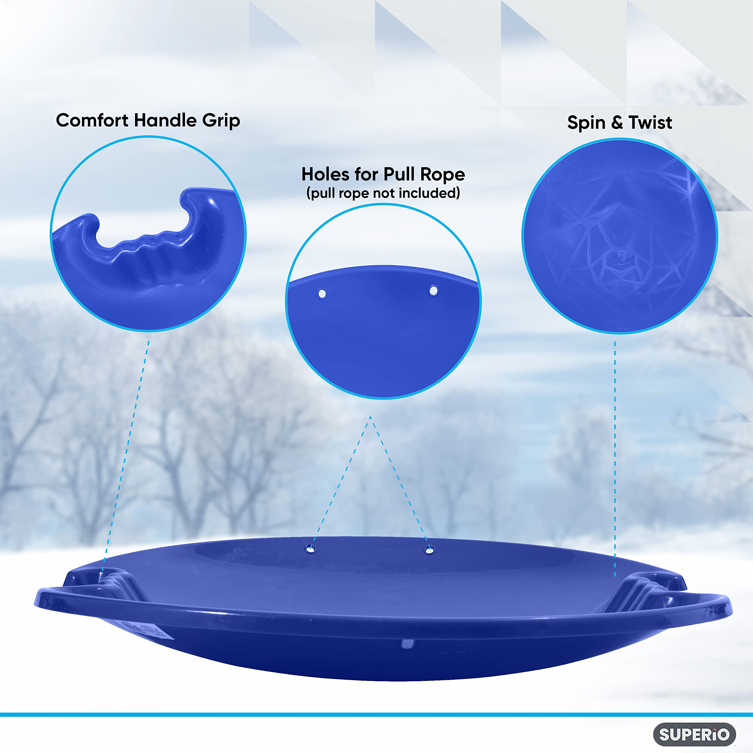 Superio Round Snow Saucer Sleds- 26β Plastic Disc Sleds for Kids and Adults- Heavy Duty Sled Discs with Handles for Downhill Sledding, Winter Outdoor Sports, (Red, Blue)