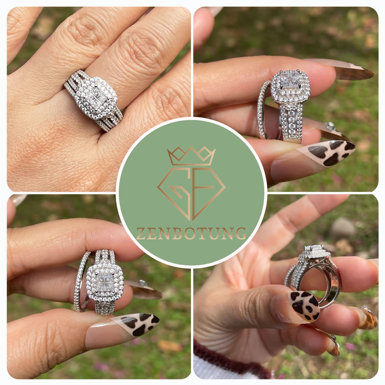 ZENBOTUNG 1.7CT Sterling Silver Wedding Bands Bridal Ring Sets AAAAA Cz Engagement Rings for Women Princess Size 5