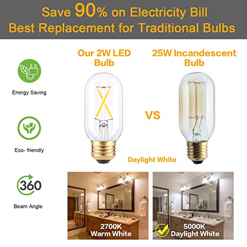 Tubular LED Edison Bulb 5000K Daylight White, 25W Equivalent 200 Lumens, 2W Dimmable T45(T14) LED Filament Light Bulbs, Clear Glass, 6 Pack